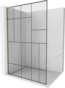 Mexen Kioto L, sprchová zástěna Walk-In 100 x 200 cm, 8mm čiré sklo černý vzor, ​​zlatý lesklý profil, 800-100-103-50-78