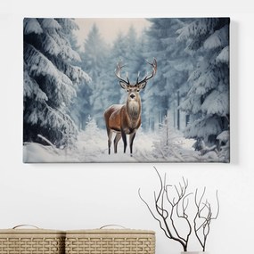 Obraz na plátně - Jelen pozoruje okolí v zimním jehličnatém lese FeelHappy.cz Velikost obrazu: 60 x 40 cm