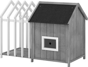 PawHut Dřevěný Psí Domek s Terasou a Zábradlím, Venkovní Psí Domeček se Skluzdoor a Špičatou Bitumenovou Střechou, pro Zahradu, Dvůr, Verandu, Patio,