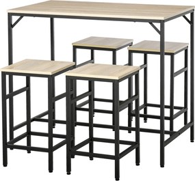 HOMCOM Barový set 5dílný s vysokým stolem a 4 barovými židlemi, kuchyňská linka, jídelní set, ocelový dub černý 100x60x88cm | Aosom.de