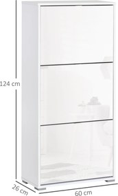 HOMCOM Skříň na boty s 3 výklopnými dvířky a 3 přihrádkami, dřevo 60L x 26Š x 124V cm, vysoce lesklá bílá | Aosom