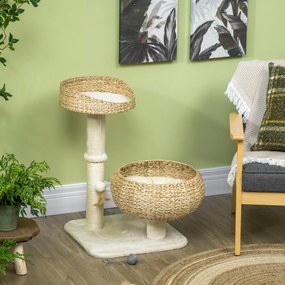 PawHut Kočičí Škrabadlo 2 Úrovně Výška 72 cm Sklolaminátový Sloupec s Úkrytem a Platformou 1 Visící Míček Béžové