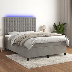 Box spring postel s matrací a LED světle šedá 140x200 cm samet,  3136365