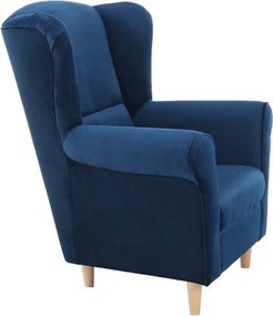relaxační křeslo, ušák, dřevo/látka, nohy světlé/potah modrý, Tempo Kondela CHARLOT