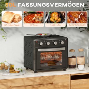 HOMCOM Mini trouba s konvekcí, 90°C-230°C, 30l, Mini trouba s pečicím plechem, grilovací rošt, plech na drobky, horkovzdušná fritéza se 7 režimy, fri…