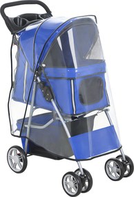 PawHut Kočárek pro psy Skládací kočárek pro kočky do 10 kg s krytem proti dešti Odrazové proužky Úložný koš 77x44x102cm Modrý