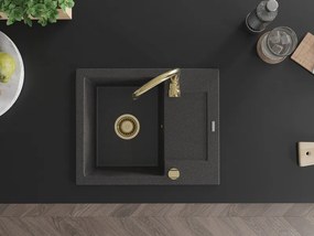 Mexen Enzo, granitový dřez 576x465x174 mm, 1-komorový, černá skvrnitá se zlatým sifonem, 6506571005-76-G