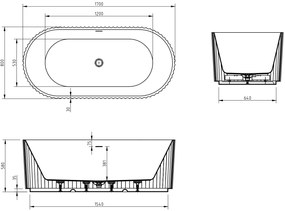 Mexen Paola, volně stojící vana, drážkovaná, 170 x 80 cm, bílá matná, 52721708001-SS