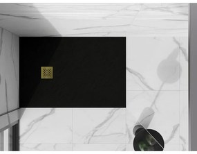 Mexen Stone+, obdélníková vanička z minerálního kompozitu 140 x 100 cm, černá, zlatá lesklá krytka, 44701014-G