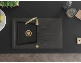 Mexen Cesar, granitový dřez 775x470x190 mm, 1-komorový, černá skvrnitá se zlatým sifonem, 6514771010-76-G