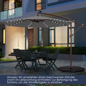 Costway Slunečník 300 cm s 40 solárními LED světly a klikou šedé, šedá