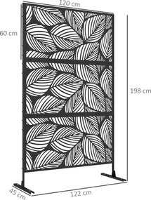 Outsunny zahradní zástěna 122x198cm balkonová zástěna se vzorem listů ocelová přepážka a stojan pro rozdělení místností černá | Aosom.de