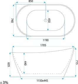 Volně stojící akrylátová vana REA LUSSO SLIM 170x74 cm, bílý, sifon Click-Clack - bílý