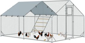 PawHut Výběh pro Slepice se Střechou, Ocelový Kurník / Výběh 12 m² pro 12–18 Slepic, UV a Voděodolný 420D Kryt, Krmná Dvířka, Závěsné Krmítko a Bidýlk