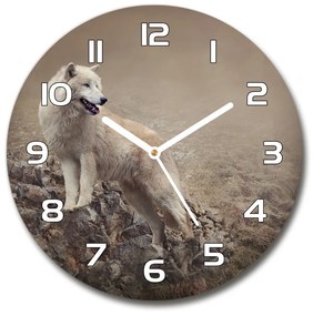 Wallmuralia Skleněné hodiny kulaté Bílý vlk na skále fi 30 cm