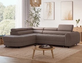 Rohová sedačka Vesteria s funkcí spaní a úložným prostorem, hnědé bouclé, levostranná