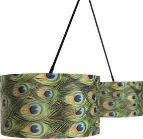 Závěsné svítidlo černé s sametovými stínidly Peacock se zlatem 35 cm 2-světlo - Blitz