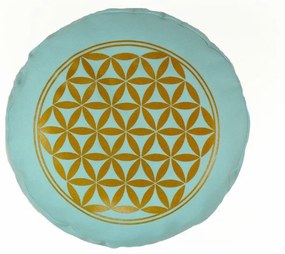 S radostí - vlastní výroba Meditační polštář se zlatým Květem života - světle modrý Velikost: ∅30 x v30 cm