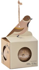 Krmítko pro ptáky lepenkové závěsné s velkou lojovou koulí 10 x 10 x 16 cm vrabec polní