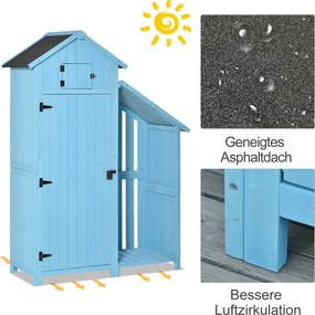 Outsunny zahradní kůlna na nářadí s úložným prostorem na palivové dřevo 3 police asfaltová střecha jedlové dřevo nebesky modrá 130x54,5x180cm pro zah…