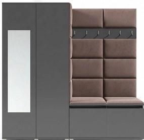 Předsíňová stěna Trinity 8 s čalouněnými panely, 190 cm, grafit/ světle hnědá