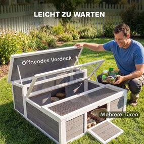 PawHut Dřevěný želví domek s volným výběhem hlavní domek s oknem na pantech 2 dveře 113x106,5x44,5 cm Tmavě šedý