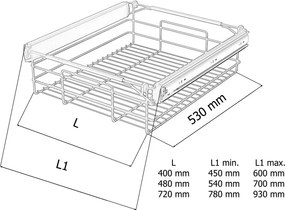 In-Design Koš na prádlo plný výsuv stříbrná Šířka koše (mm): 480 mm, Minimální nastavitelná šířka: 540 mm, Maximální nastavitelná šířka: 700 mm