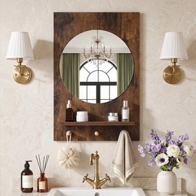 Costway Kulaté nástěnné zrcadlo s policí a 3 háčky, hnědé