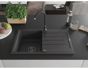Mexen Bruno, granitový dřez 795x495x200 mm, 1-komorový, černá skvrnitá s černým sifonem, 6513791010-76-B