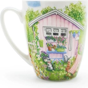 Porcelánový hrnek Pohoda na zahradě, 350 ml – hrnek pro zahrádkářku s kočkou a květinami