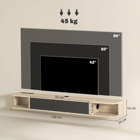 HOMCOM Závěsný TV nábytek, TV nábytek pro televize až do 152,4 cm (60 palců), výklopná zásuvka, 2 police, 140x24x16 cm, přírodní dřevo