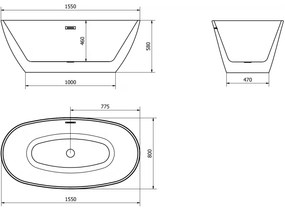 Mexen Eris, volně stojící vana 155 x 80 cm, bílá, grafitový přepad, 53441558000-66