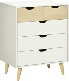 HOMCOM Komoda s 5 zásuvkami a zvýšenými nohami pro ložnici, obývací pokoj i kancelář, moderní styl, proti převrhnutí, 60x40x77,5 cm, přírodní a bílá |