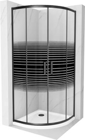 Mexen Rio, čtvrtkruhový sprchový kout s posuvnými dveřmi 80 (dveře) x 80 (dveře) x 190 cm, 5mm čiré sklo s pásky, černý profil + bílá sprchová vanička SLIM, 863-080-080-70-20-4110B