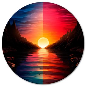 Kulatý obraz Fialový západ slunce - oranžové slunce zapadající za horskou řeku