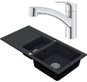 VIMA Dřezový set Grohe 6/O- Granitový dřez, 1,5 sektoru, 96x48cm, Tmavá grafit matná + Dřezová baterie Grohe Eurosmart