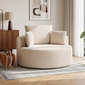 HOMCOM kulatý chenilkový sedací puf, velká sedací plocha, 2 polštáře, 1 opěrný polštář, 1 polštář na krk, nosnost 250 kg, 130x130x82 cm, krémová