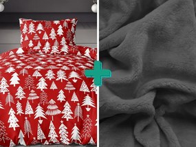 Flanelové povlečení CHRISTMAS TREES červené + prostěradlo mikroplyš SOFT 90x200 cm tmavě šedé