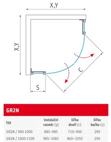 Roth Čtvrtkruhový sprchový kout GR2N - bez vaničky Varianta: délka: 90-100 cm, šířka: 90-100 cm - (GR2N 900-1000 - 187-1000000-00-02), Barva profilů a typ výplně: profily: brillant, výplň: transparent