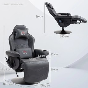 HOMCOM Herní židle s masáží, otočná o 360°, 6 masážních bodů, podnožka, odnímatelná opěrka hlavy, imitace kůže, 79.5 x 82.5 x 111.5cm, černá| Aosom