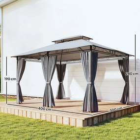 Outsunny zahradní altán 4 x 3 m — voděodolný pevný kovový pavilon s dvojitou střechou a 6 bočními panely, tmavě šedý