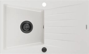 Mexen Cesar, granitový dřez 775x470x190 mm, 1-komorový, bílá s černým sifonem, 6514771010-20-B