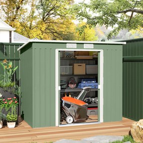 Outsunny Nástrojová Kůlna 2,42 m² - Zahradní Dům s Ventilačním Oknem a Posuvnými Dveřmi, 213 x 130 x 159/172 cm, Kůlna z Pozinkované Oceli, Voděodoln…