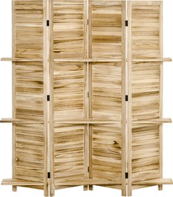 HOMCOM Předěl do interiéru, 4 panely, 162Š x 170V cm, 3 police, skládací dělící stěna, lamelové dveře z přirozeného paulovnie