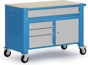 Pojízdný dílenský stůl G9, 1 skříňka, 5 zásuvek, 1180 x 595 x 865-1130 mm, šedá/modrá