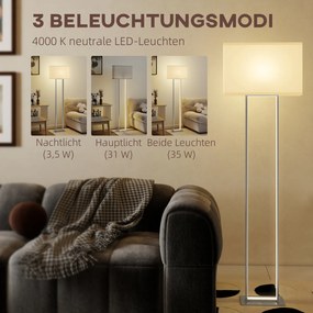 HOMCOM Moderní stojací lampa, 3 režimy, nožní spínač, nastavitelná jasnost, vzhled lnu, bílá