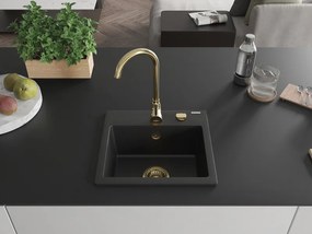 Mexen Milo, granitový dřez 435x410x171 mm, 1-komorový, černá se zlatým sifonem, 6505441000-77-G
