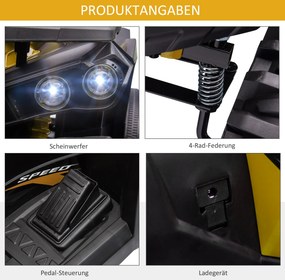 HOMCOM Elektrický čtyřkolka pro děti, 12V 10Ah, čtyřkolka s funkcí vpřed a vzad, 2 motory, USB připojení, MP3 přehrávač, vozidlo pro děti s předním s…
