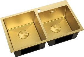 Mexen Xorin, 2-komorový nerezový dřez 780 x 450 mm, broušená zlatá, vzor voština, 6441782000-55HC