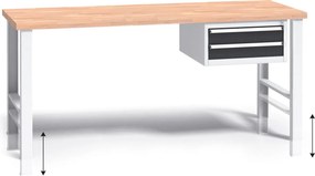 Výškově nastavitelný pracovní stůl do dílny G3 se závěsným boxem na nářadí, buková spárovka, 2 zásuvky, 1700 x 685 x 840 - 1050 mm, grafit